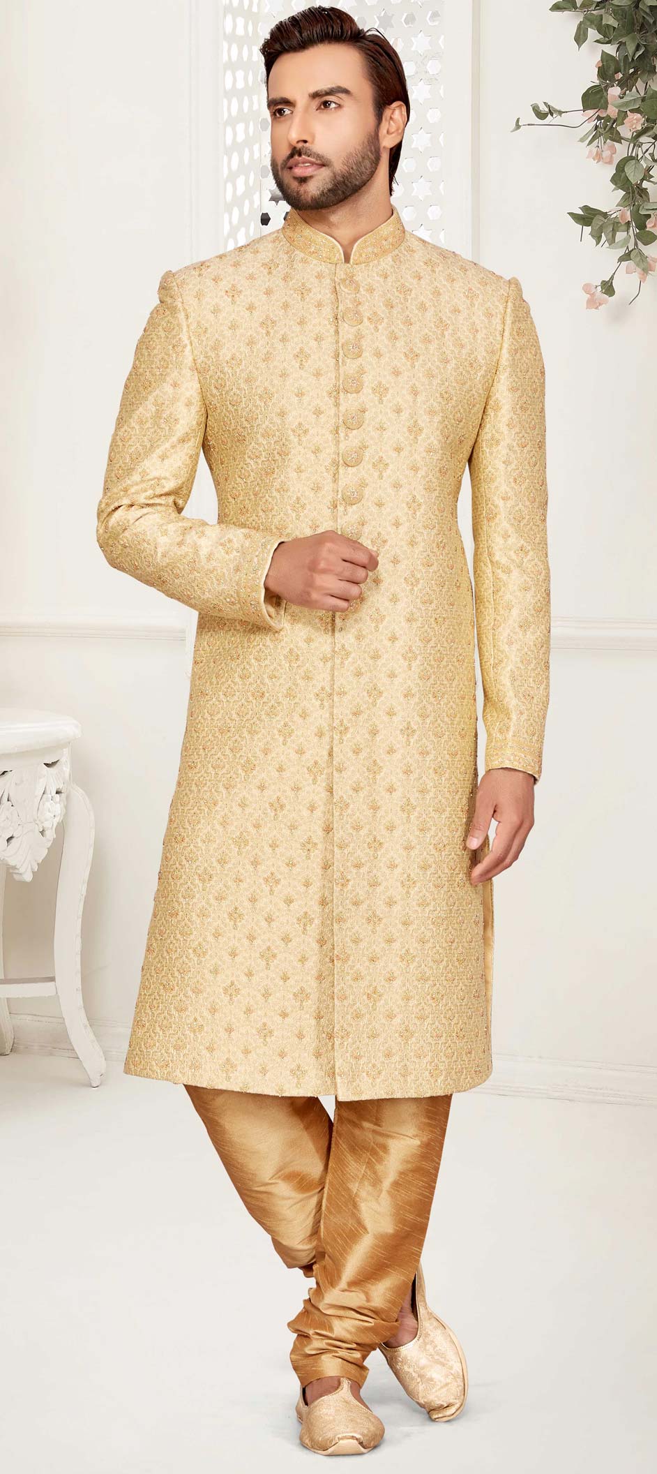 Beige and Brown color Jacquard fabric Sherwani : 1603604