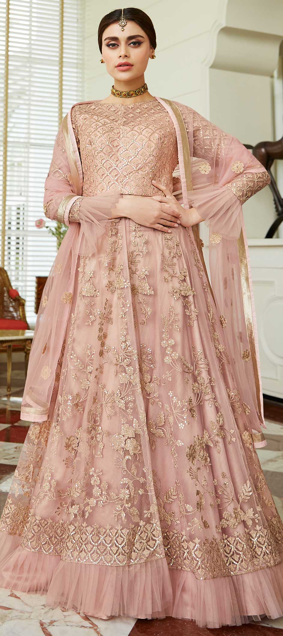 Festive, Mehendi Sangeet Pink and Majenta color Net fabric Long Lehenga ...