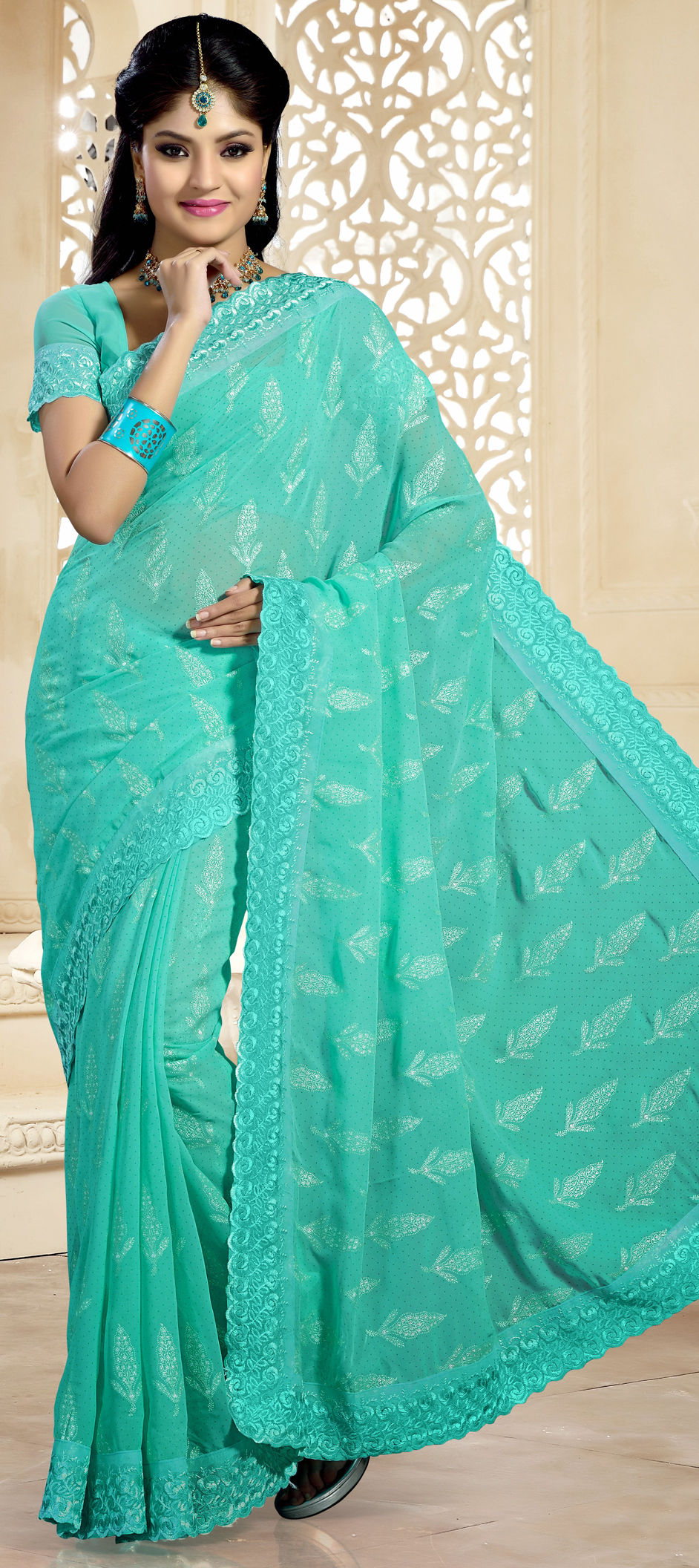 160376: Blue color family Embroidered Sarees, Party Wear Sarees with ...