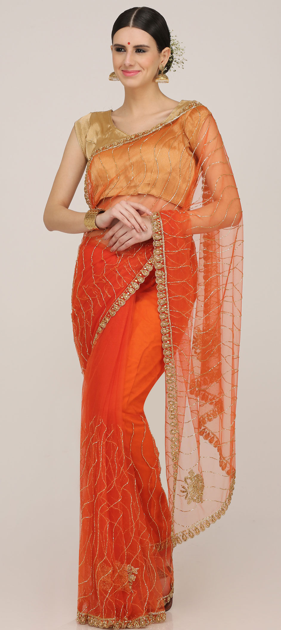 Engagement, Mehendi Sangeet, Wedding Orange color Net fabric Saree ...