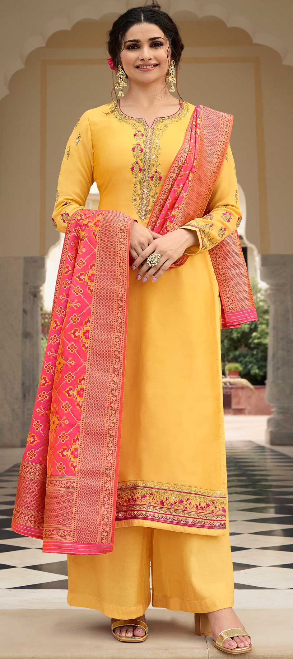 Bollywood Yellow color Satin Silk fabric Salwar Kameez : 1605379