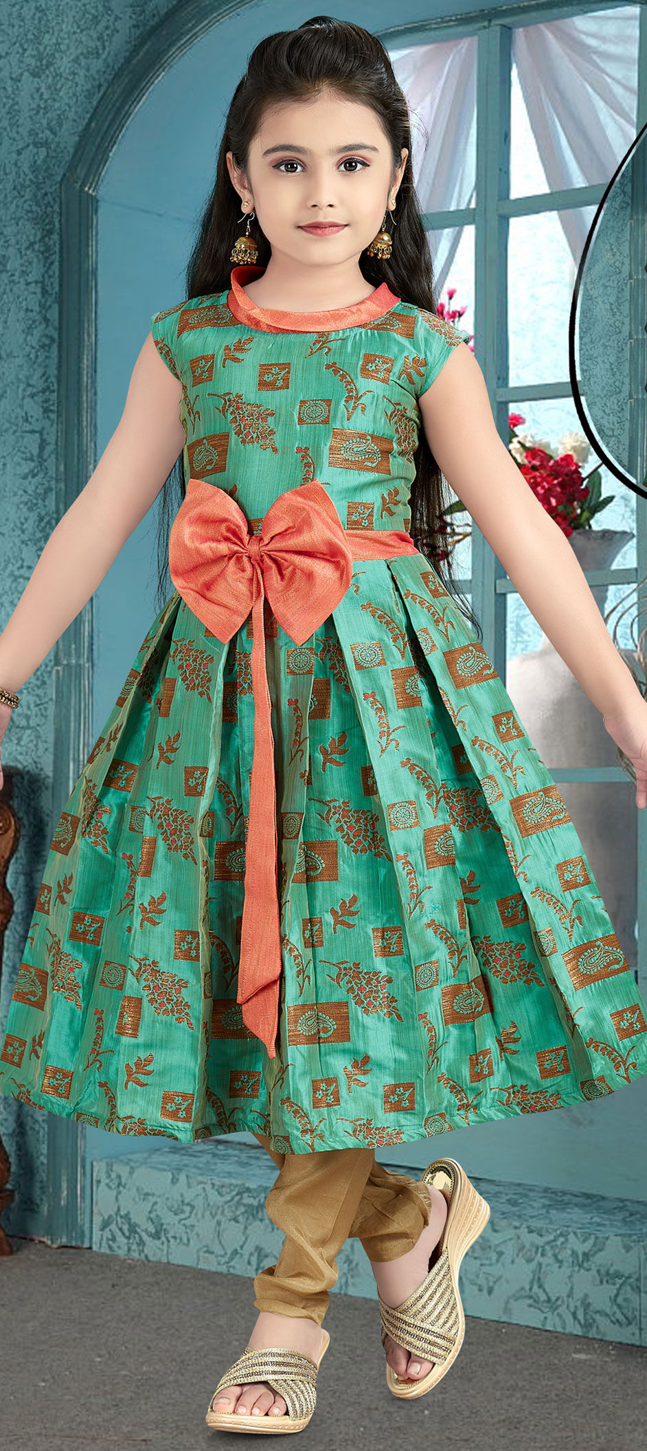 Green color Brocade fabric Kids Salwar : 1605921