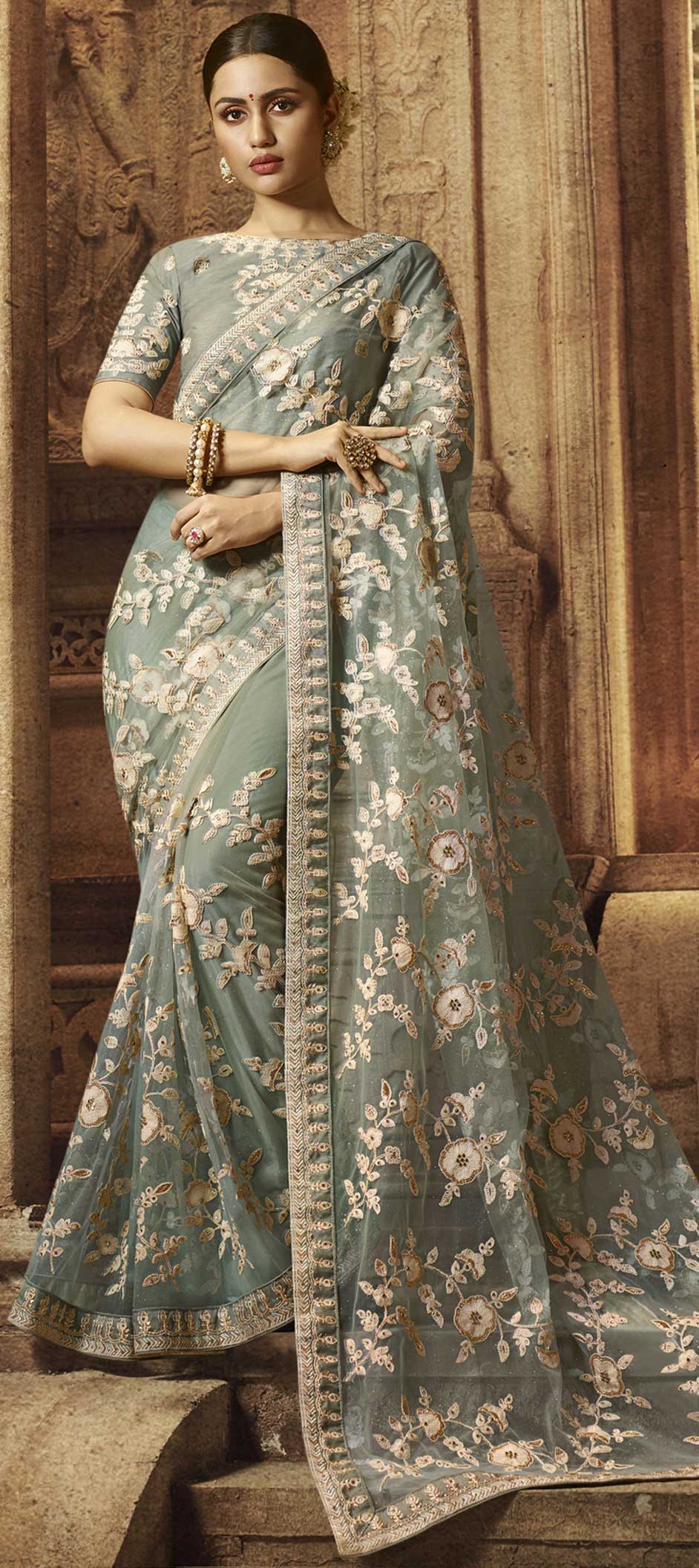 Bridal, Wedding Black and Grey color Net fabric Saree : 1606357
