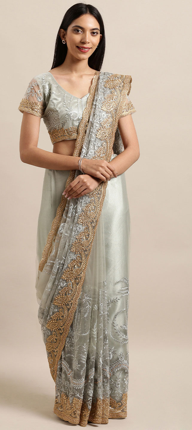Wedding Black and Grey color Net fabric Saree : 1606661