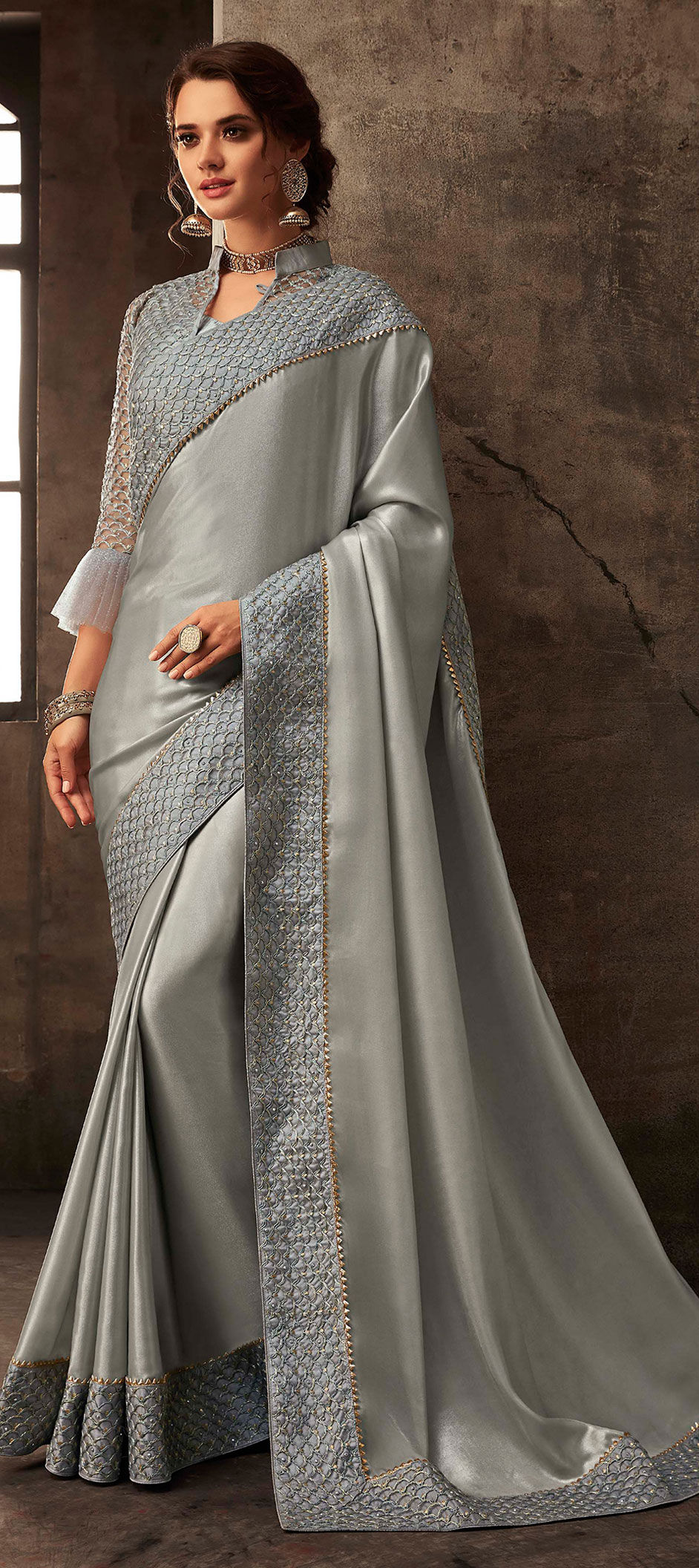 Traditional Silver color Poly Silk, Silk fabric Saree : 1606694