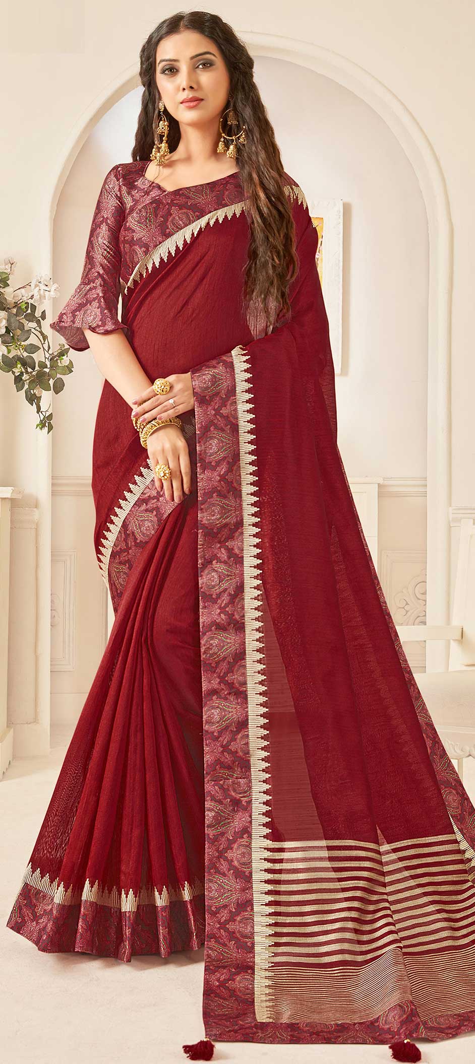 Traditional Red and Maroon color Jute fabric Saree : 1606794