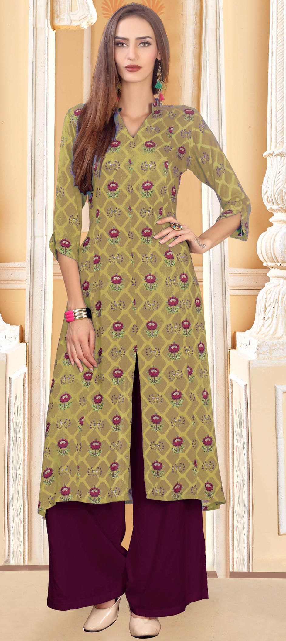 Casual Beige and Brown color Rayon fabric Tunic with Bottom : 1607501