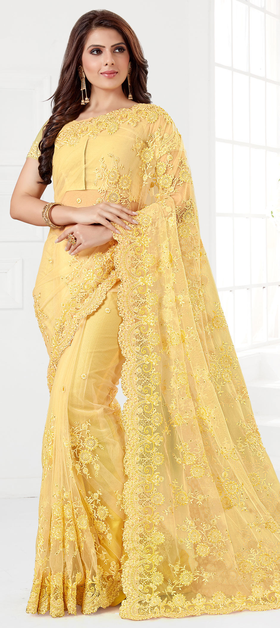 Engagement, Party Wear, Reception Yellow color Net fabric Saree : 1607783