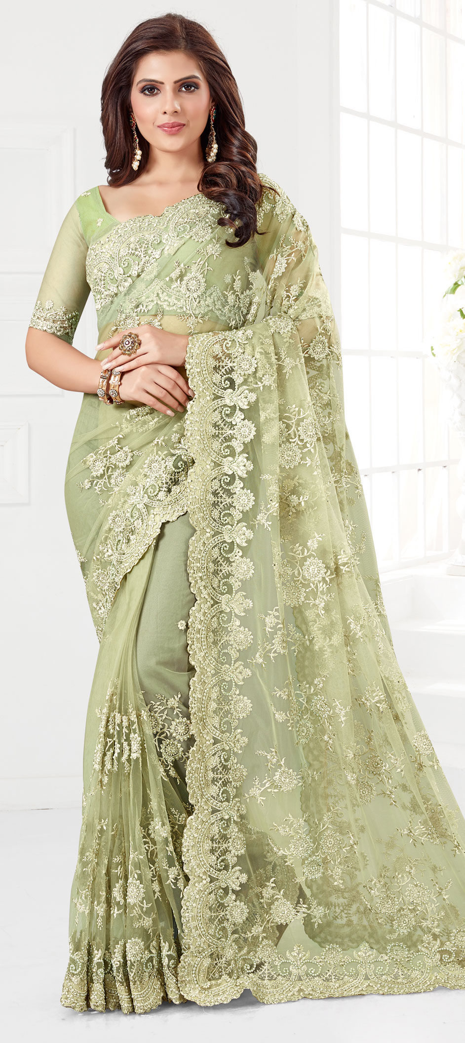 Engagement, Party Wear, Reception Green color Net fabric Saree : 1607789