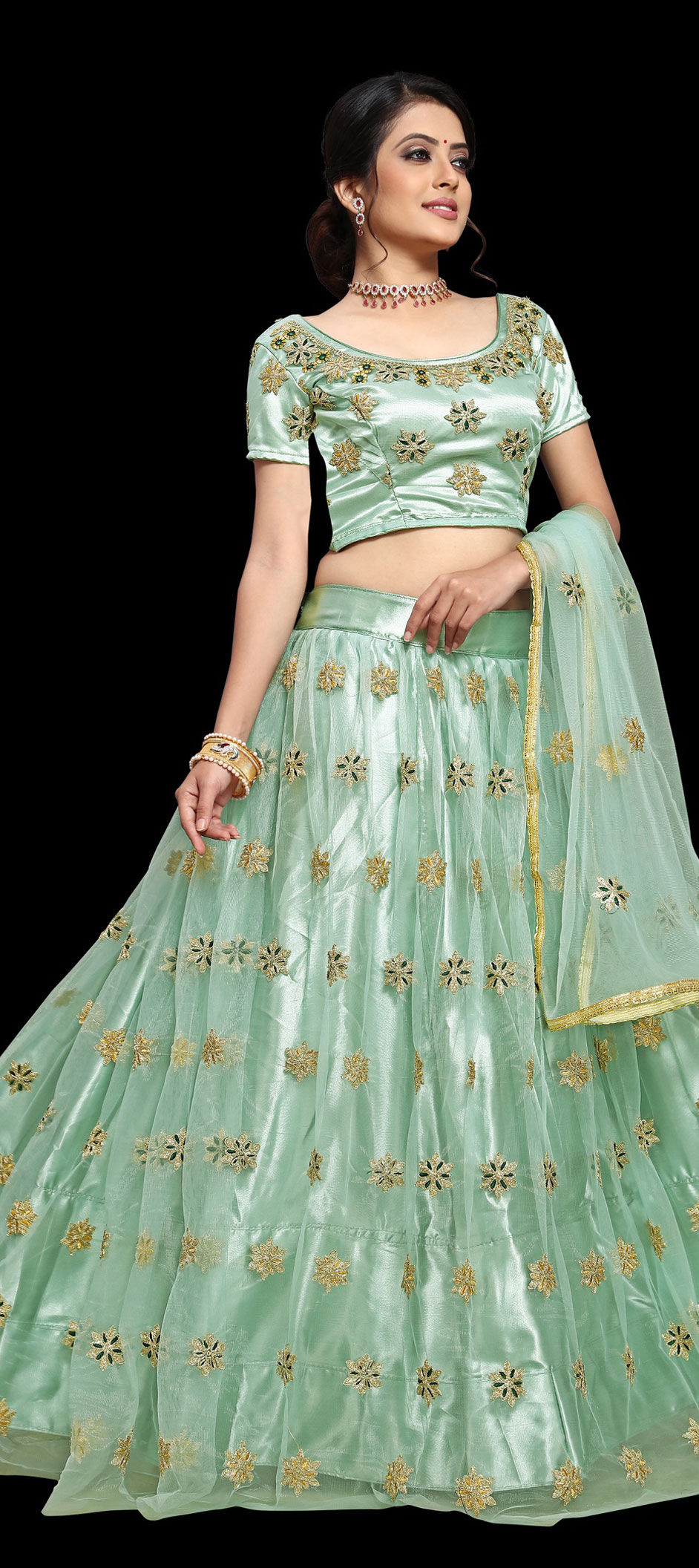 Engagement, Festive, Reception Green color Net fabric Lehenga : 1607889