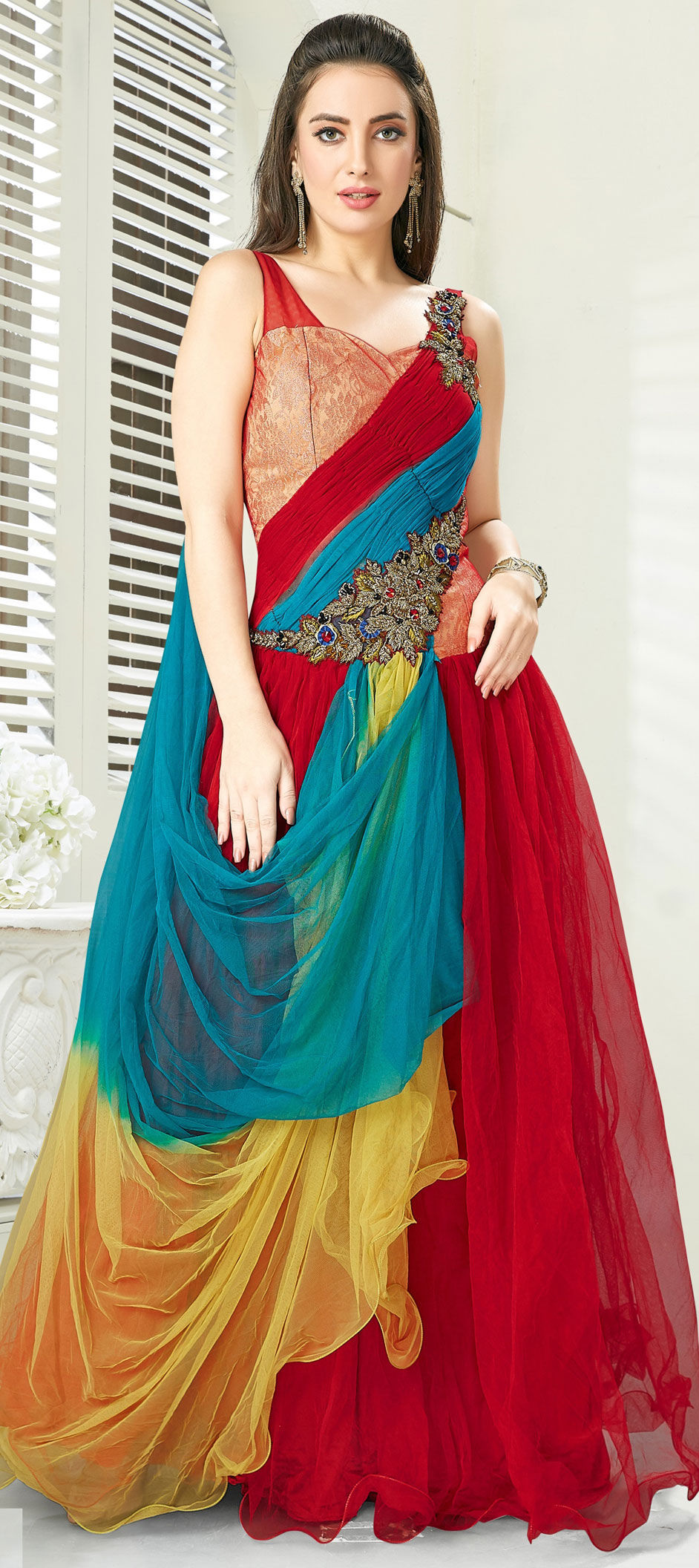 Festive, Reception, Wedding Multicolor color Net, Silk fabric Gown ...