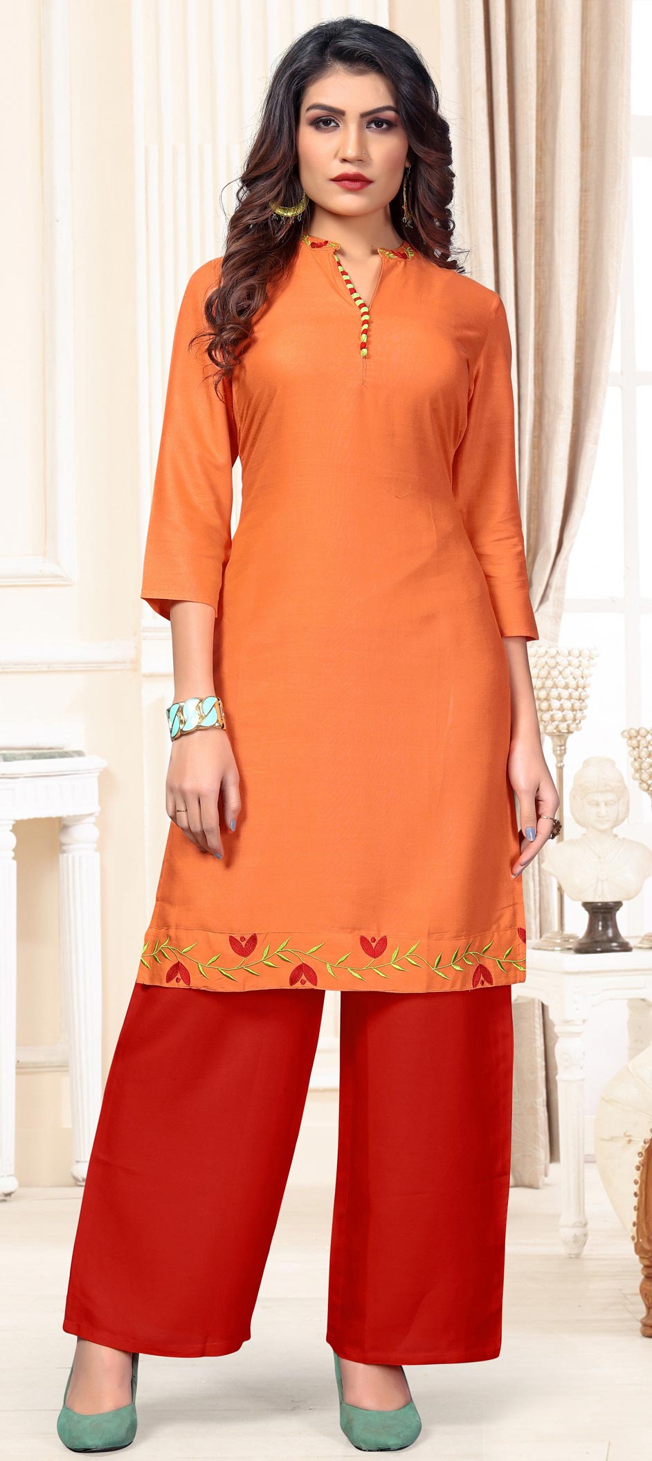 Casual Orange color Rayon fabric Tunic with Bottom : 1609730