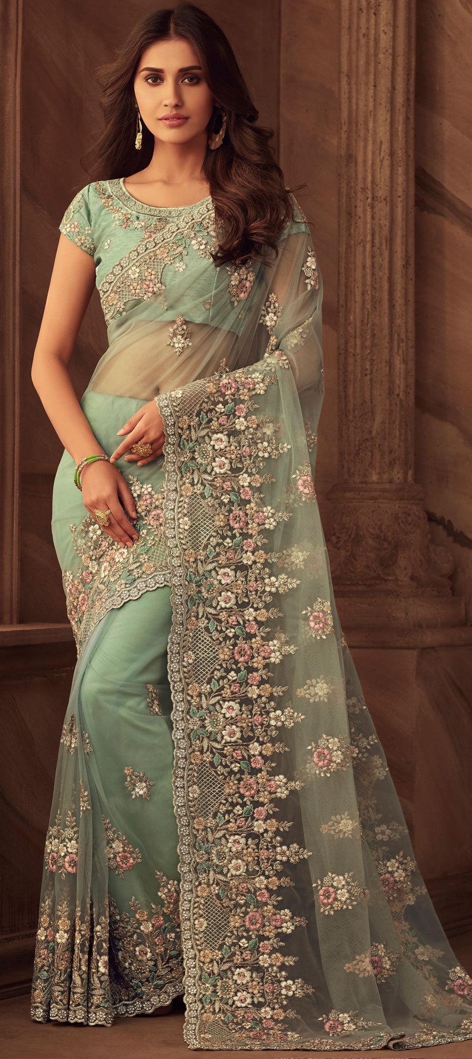 Reception, Wedding Green color Net fabric Saree : 1610482