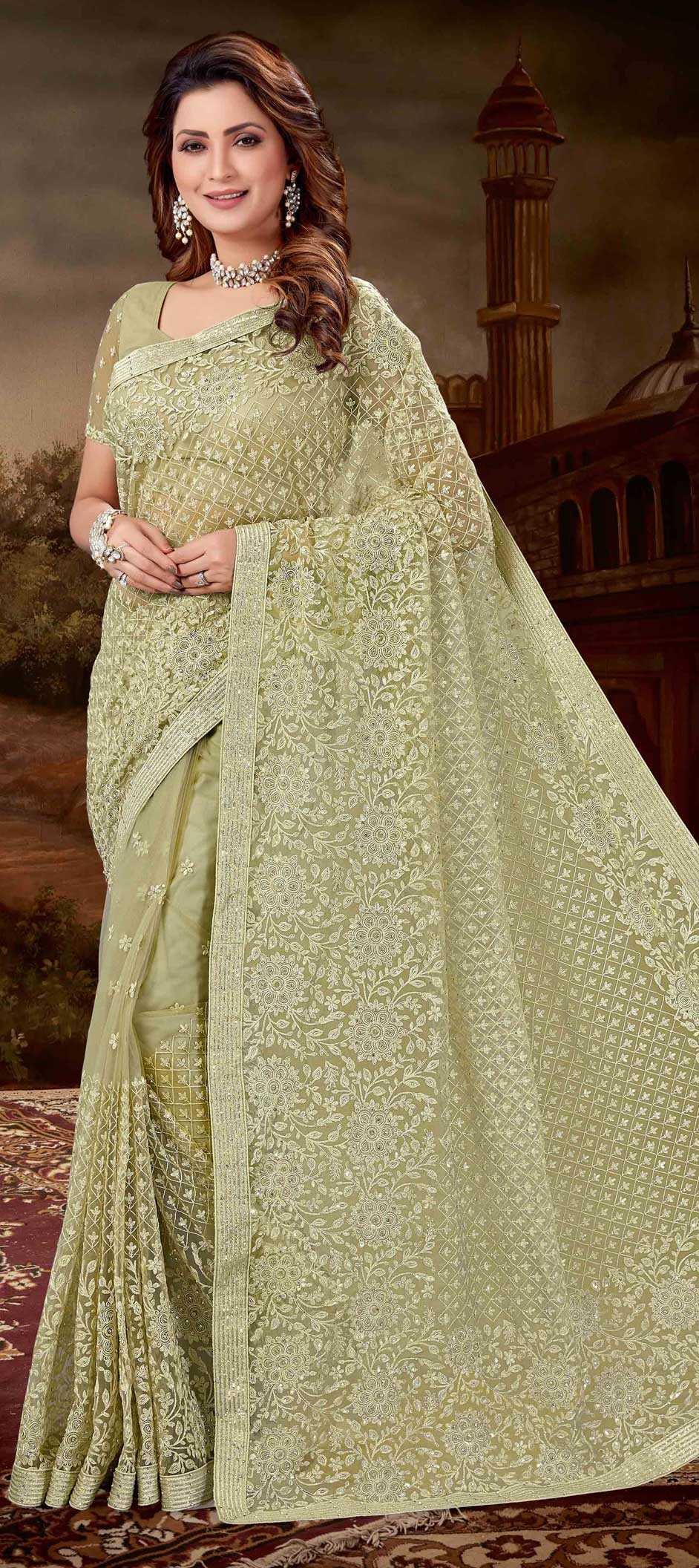 Party Wear Green color Net fabric Saree : 1611466