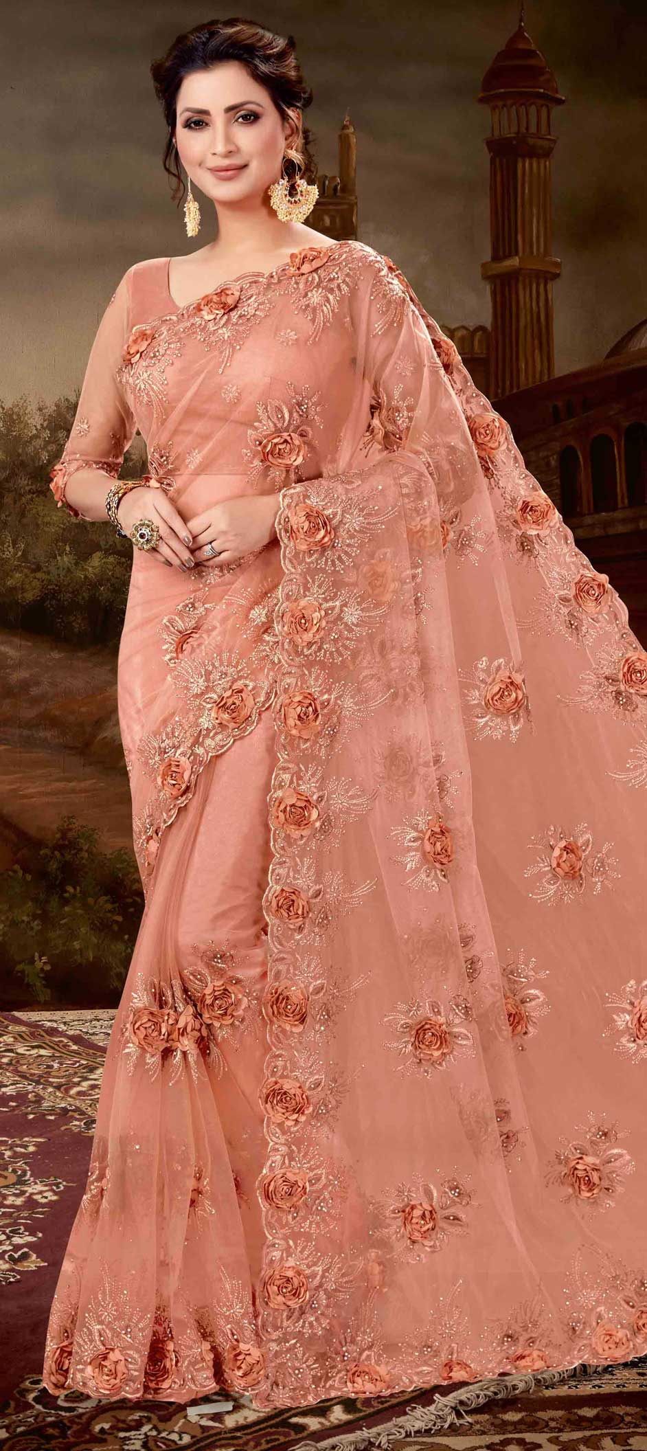Party Wear Orange color Net fabric Saree : 1611473