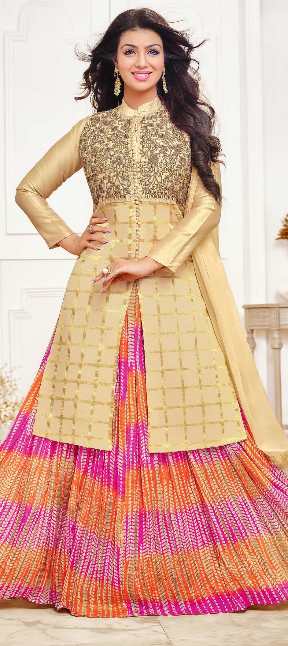 Bollywood Gold color Cotton fabric Long Lehenga Choli : 1611816