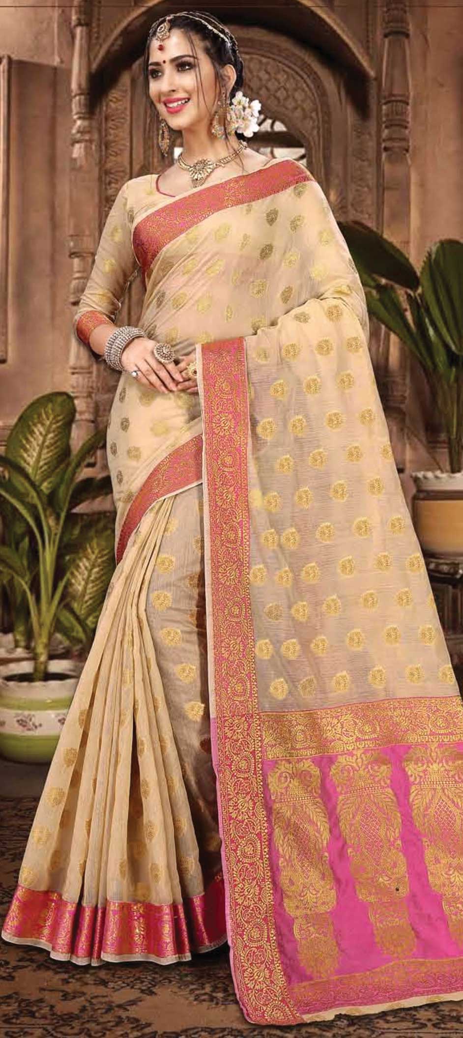 Traditional Beige and Brown color Chanderi Silk, Silk fabric Saree ...