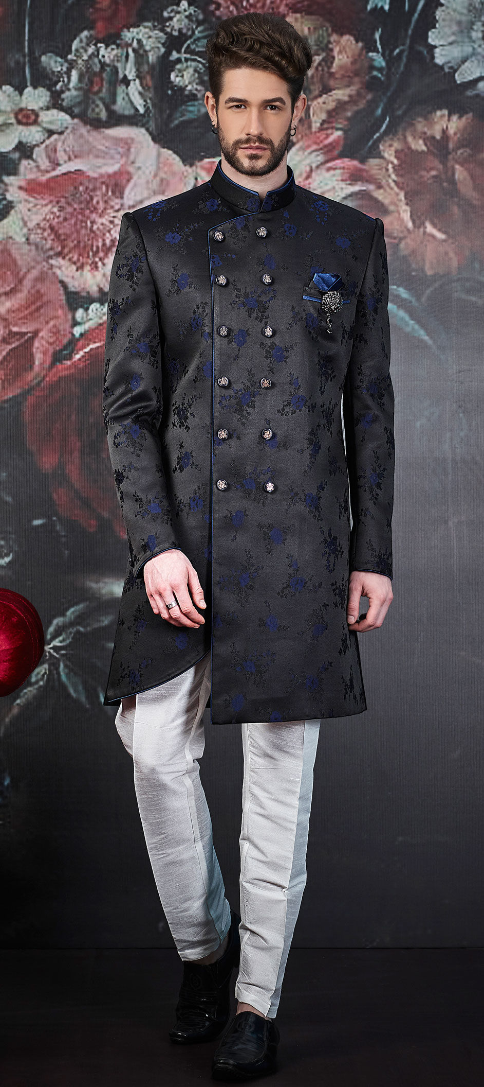 Black and Grey color Jacquard fabric IndoWestern Dress : 1612435