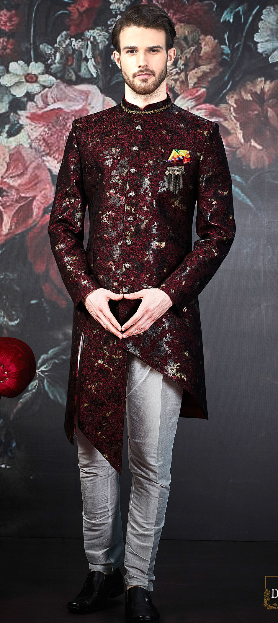 Red and Maroon color Jacquard fabric IndoWestern Dress : 1612456