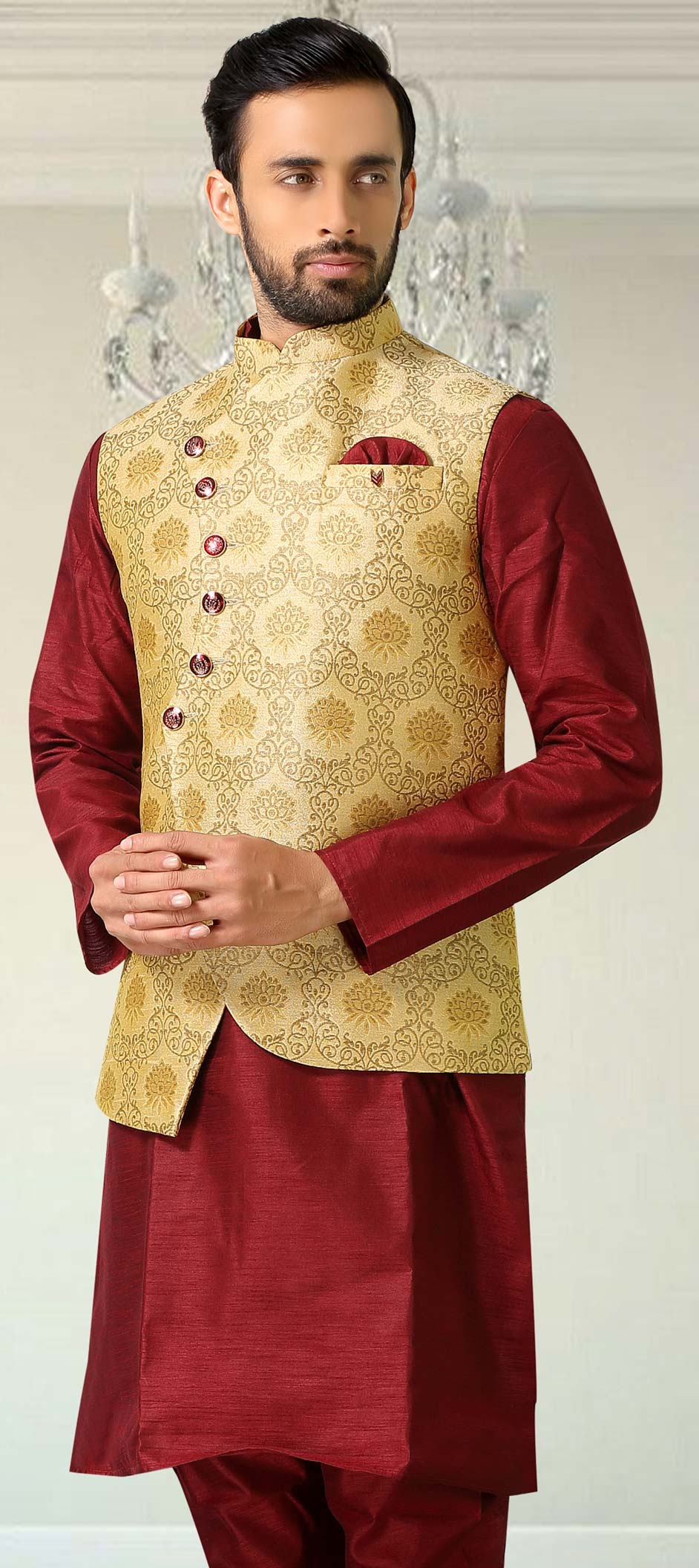 Beige and Brown color Jacquard fabric Nehru Jacket : 1613715