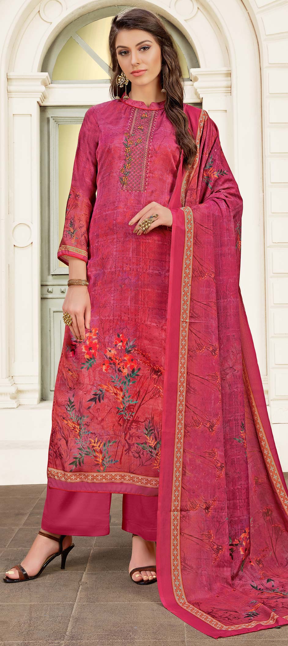 Casual Pink and Majenta color Satin Silk fabric Salwar Kameez : 1615384