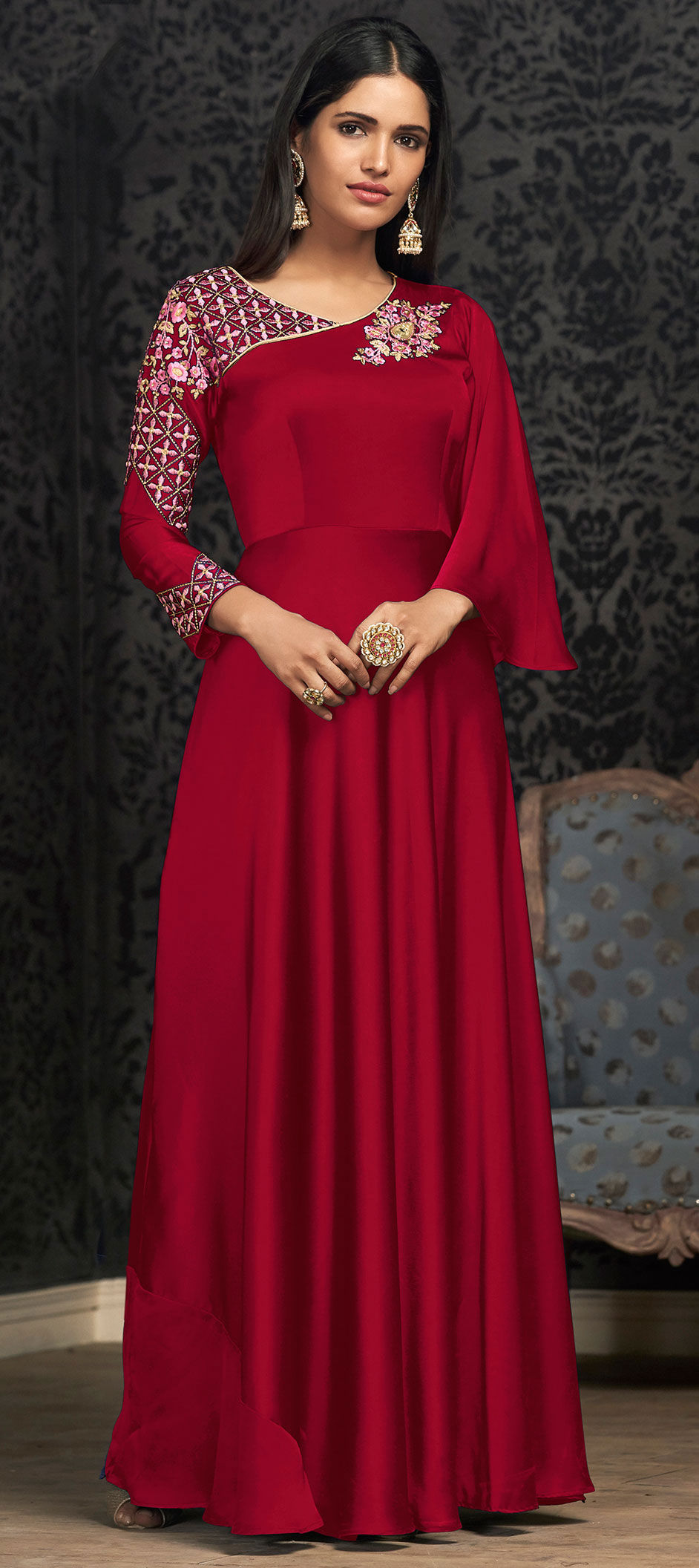 Festive, Reception Red and Maroon color Georgette fabric Gown : 1615870