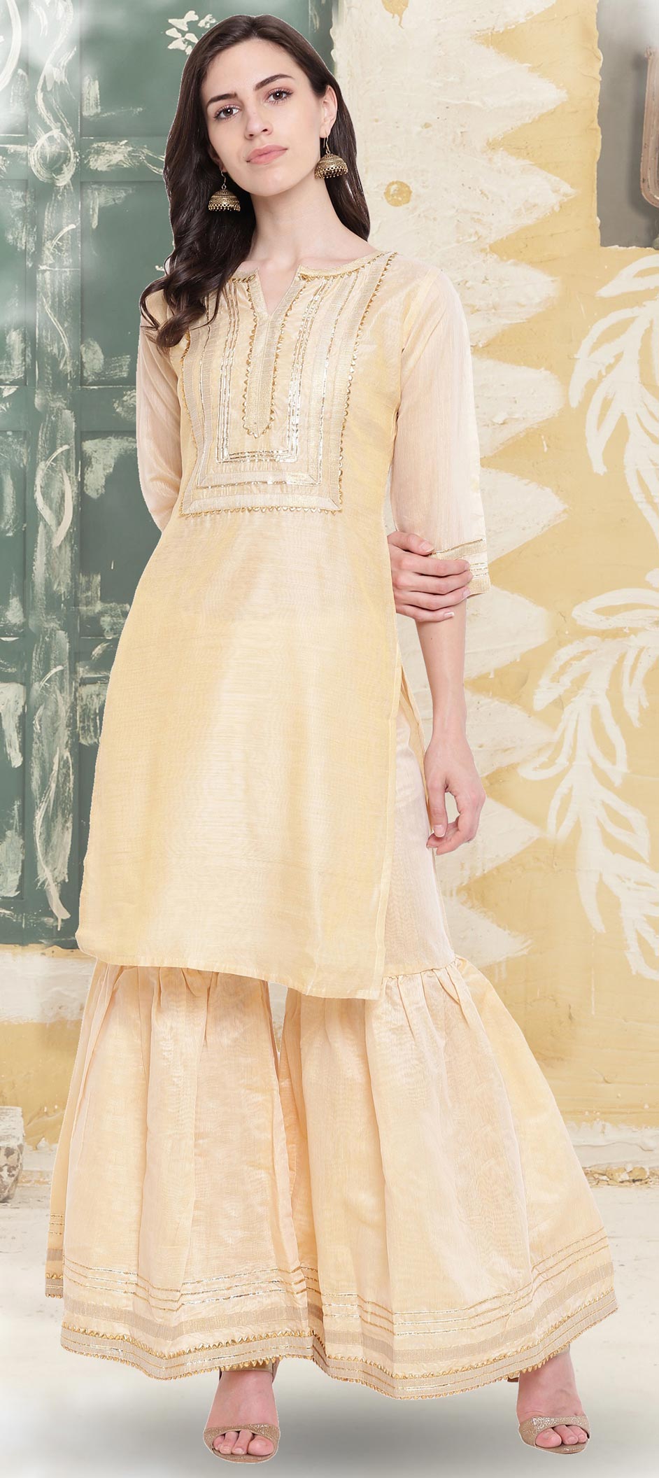 Casual Beige and Brown color Chanderi Silk, Cotton fabric Tunic with ...