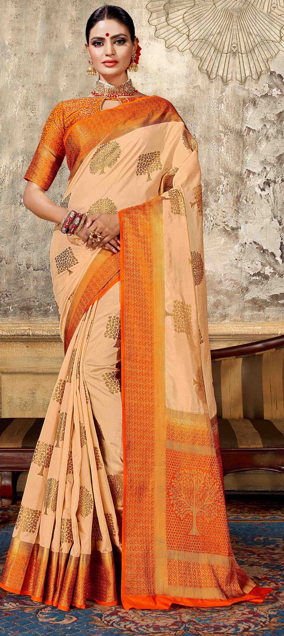 Casual, Traditional Beige and Brown color Naylon Silk, Silk fabric ...