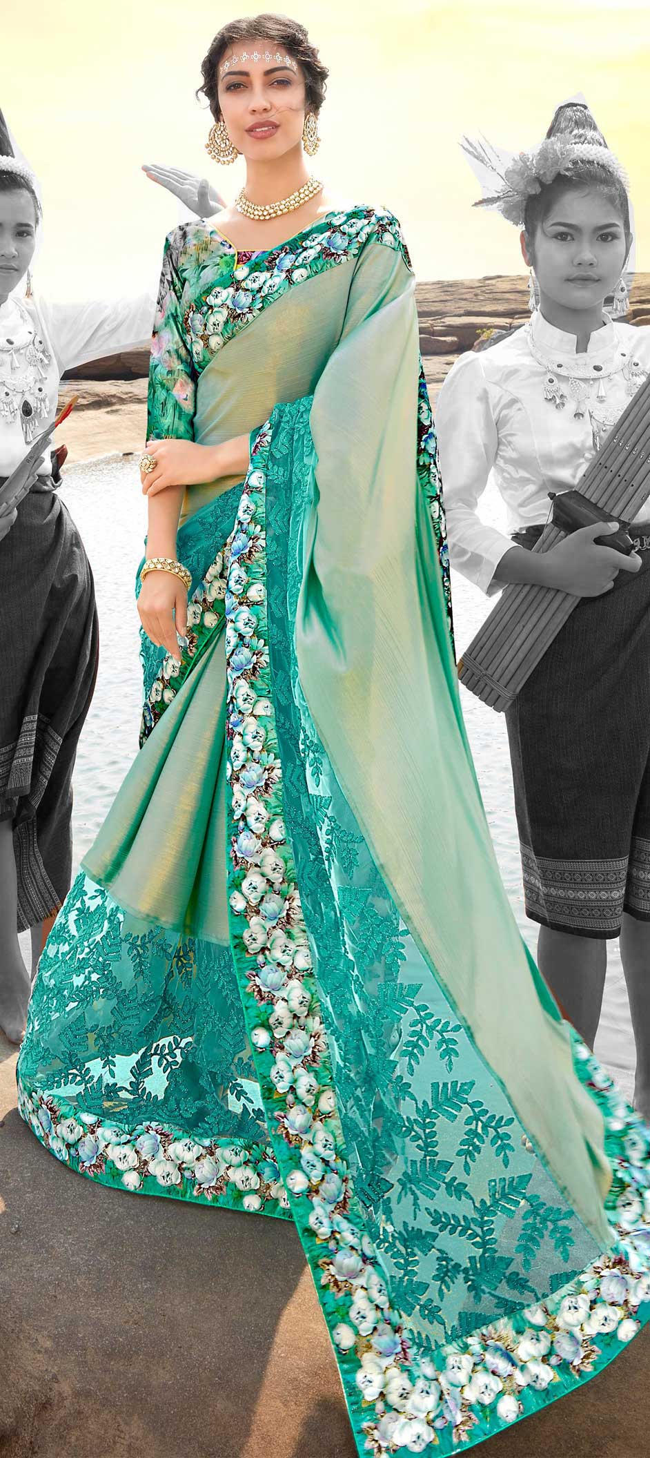 Festive, Party Wear, Reception Green color Lycra, Net fabric Saree ...