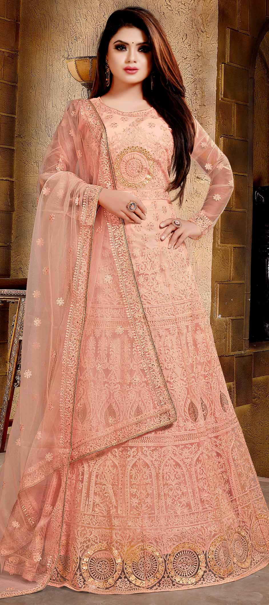 Party Wear, Reception Orange color Net fabric Gown : 1619569