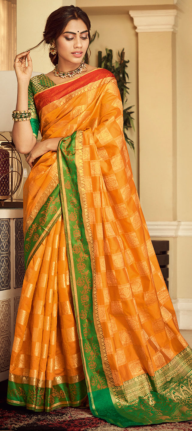 Traditional Orange color Handloom fabric Saree : 1621085