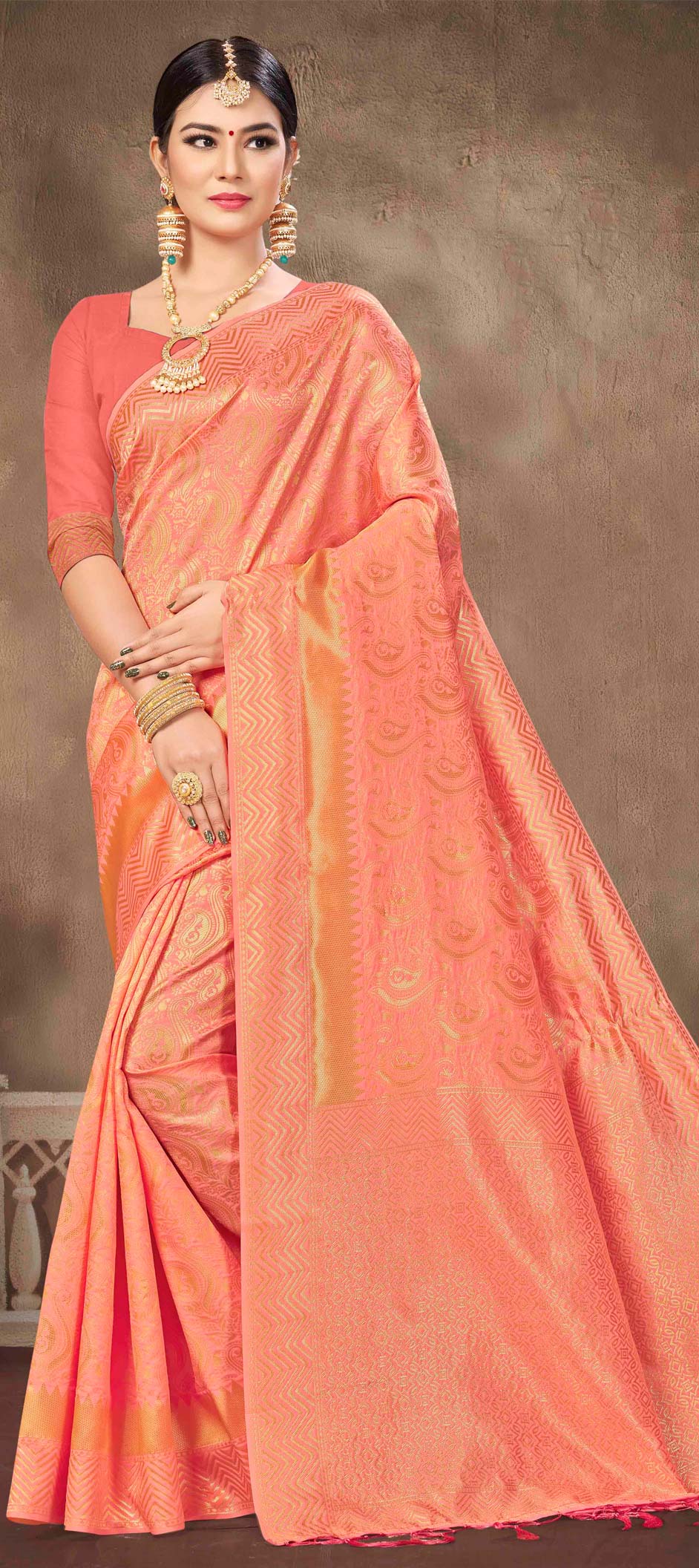 Traditional Orange color Banarasi Silk, Silk fabric Saree : 1621217