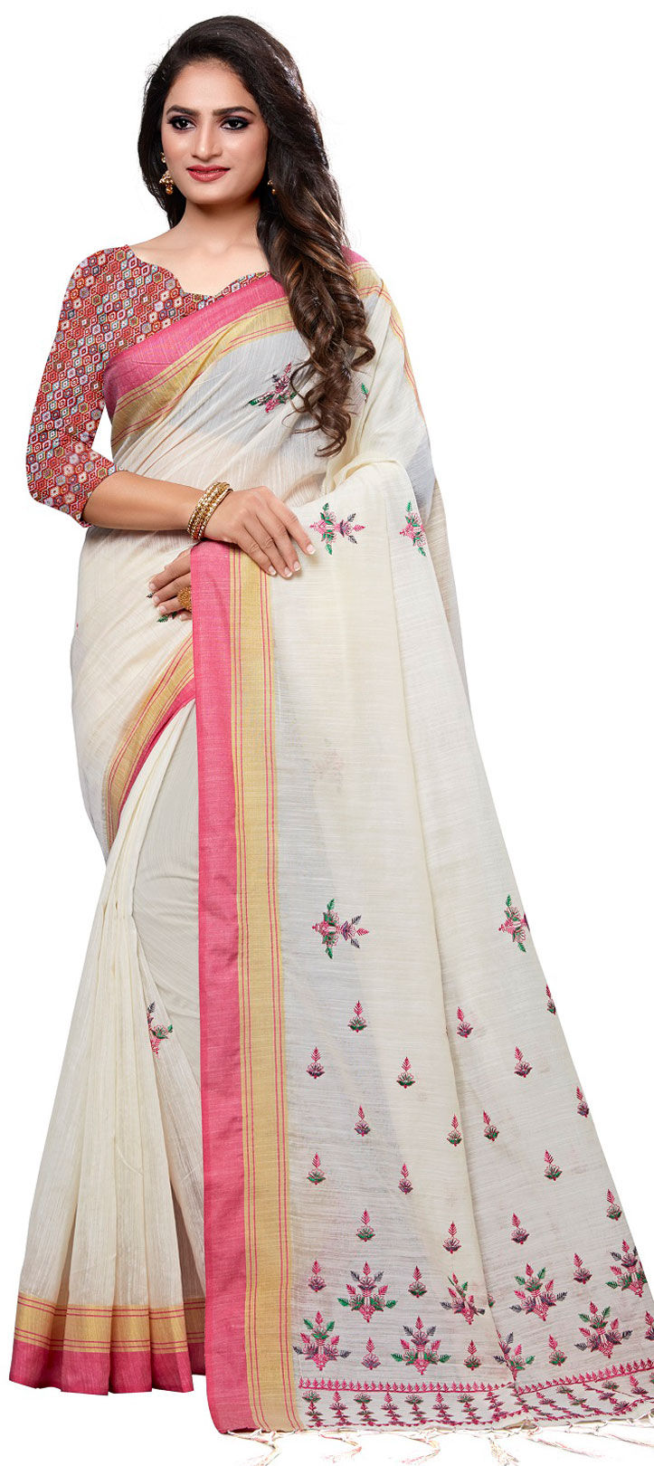 Traditional White and Off White color Cotton fabric Saree : 1622964