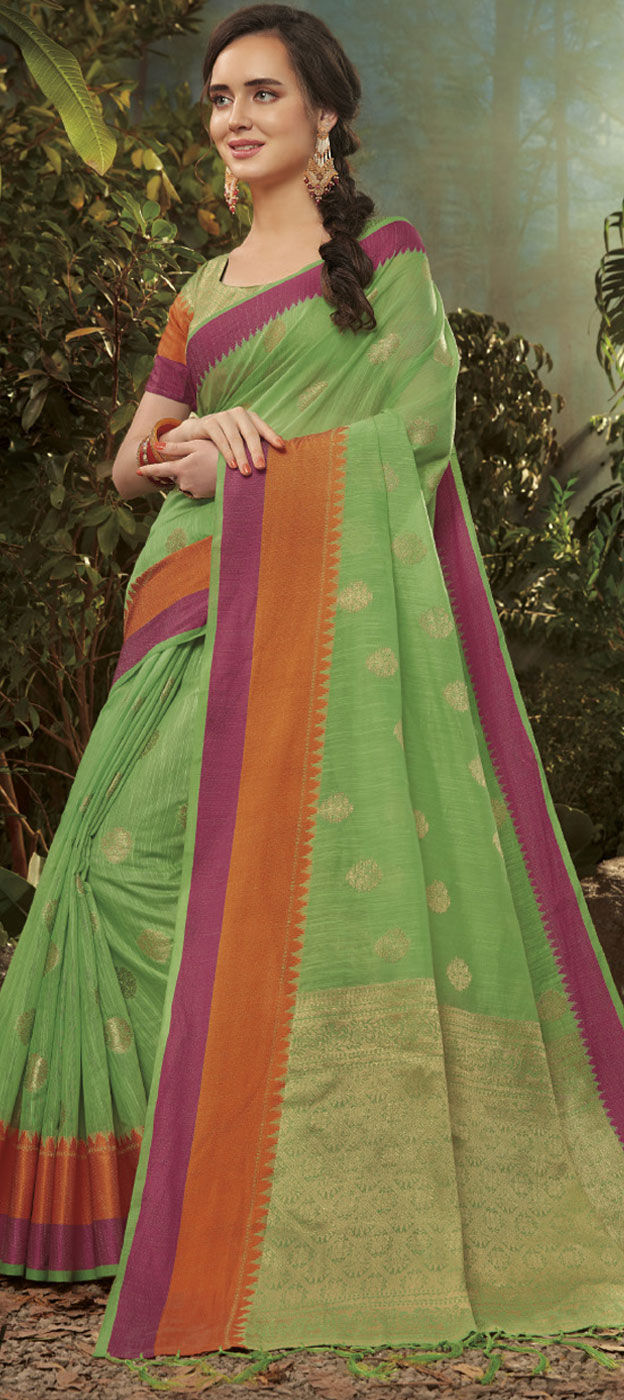 Casual, Traditional Green color Cotton fabric Saree : 1623528