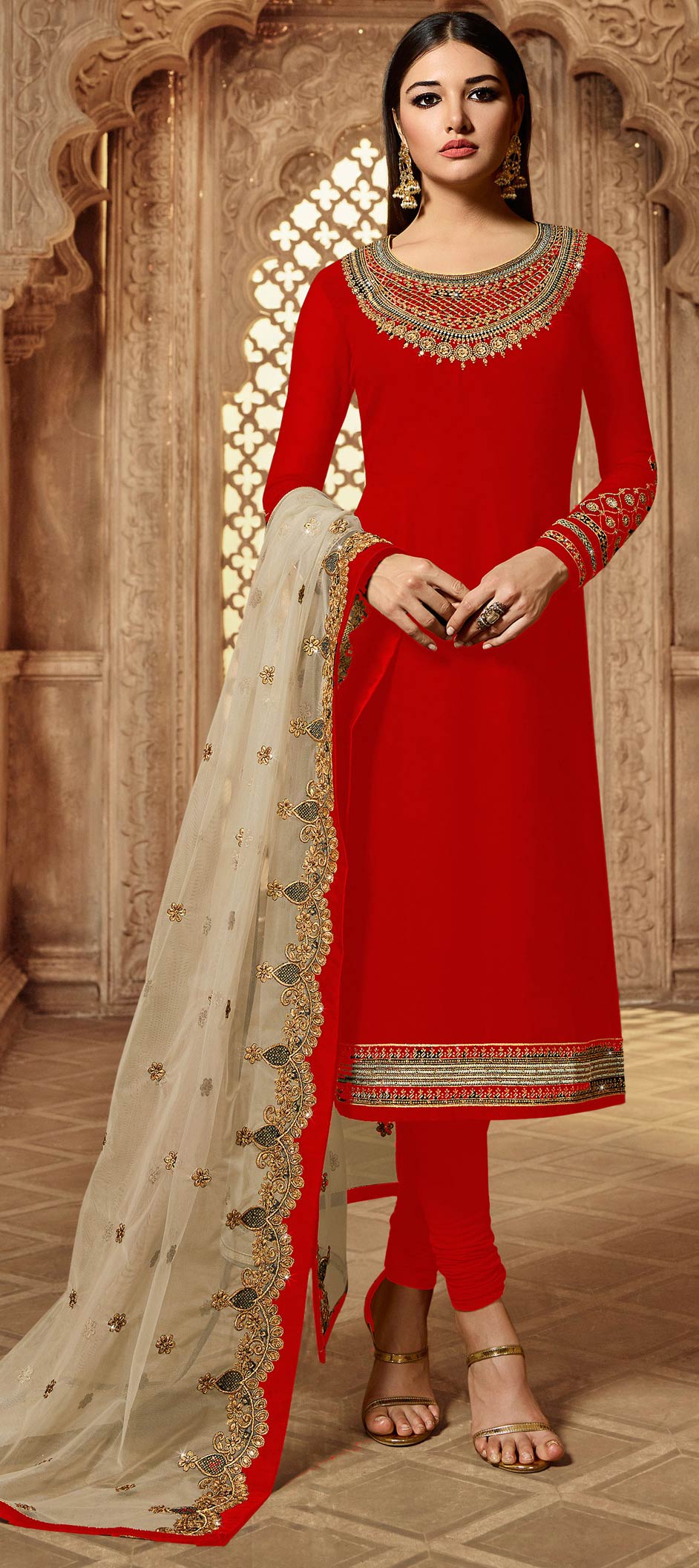 Festive, Mehendi Sangeet, Reception Red and Maroon color Georgette ...