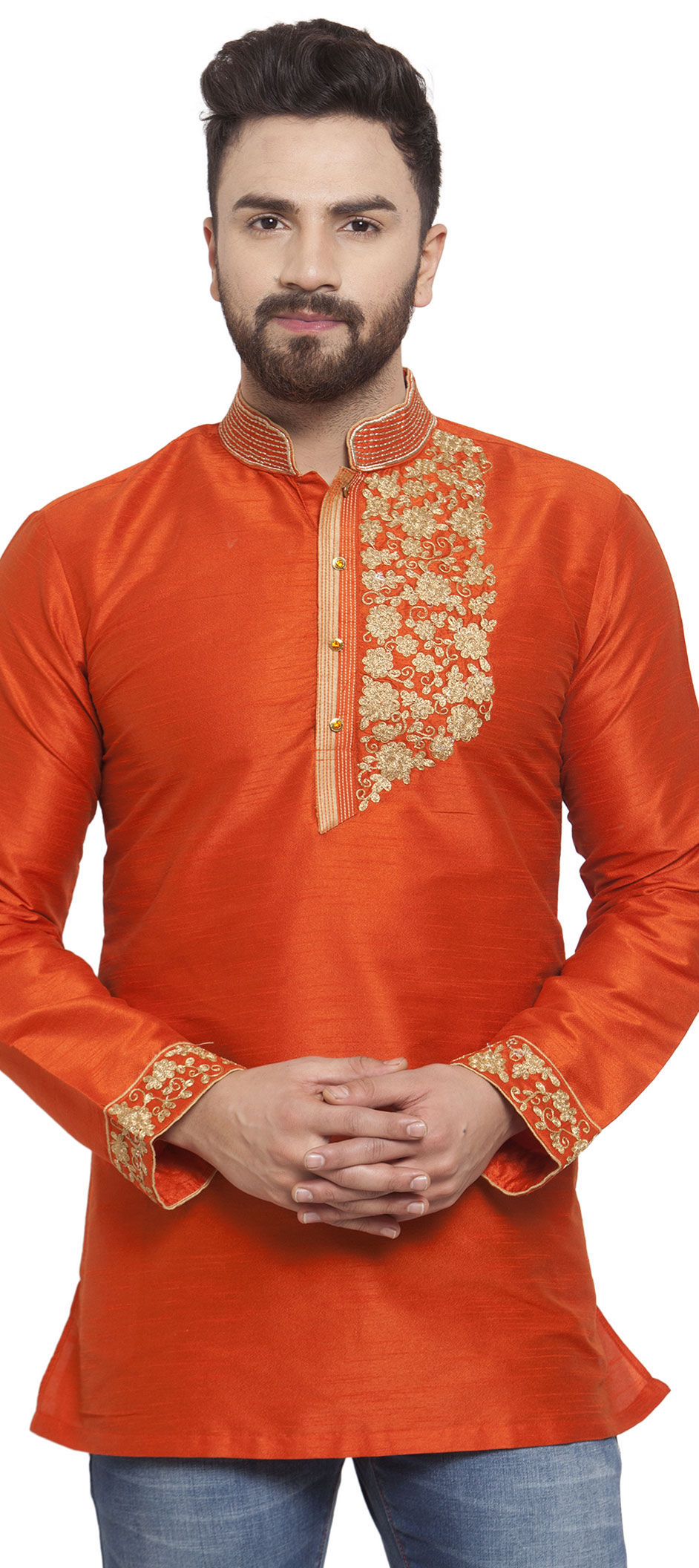 Orange color Dupion Silk fabric Kurta : 1624061