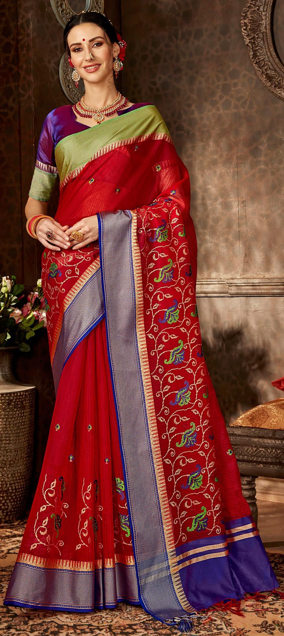 Casual, Traditional Red and Maroon color Blended Cotton fabric Saree ...