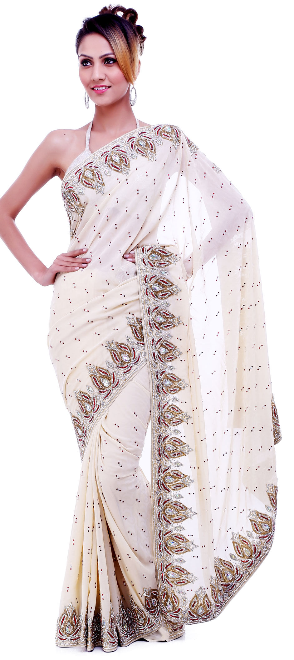 Bridal, Wedding White and Off White color Georgette fabric Saree : 1624536
