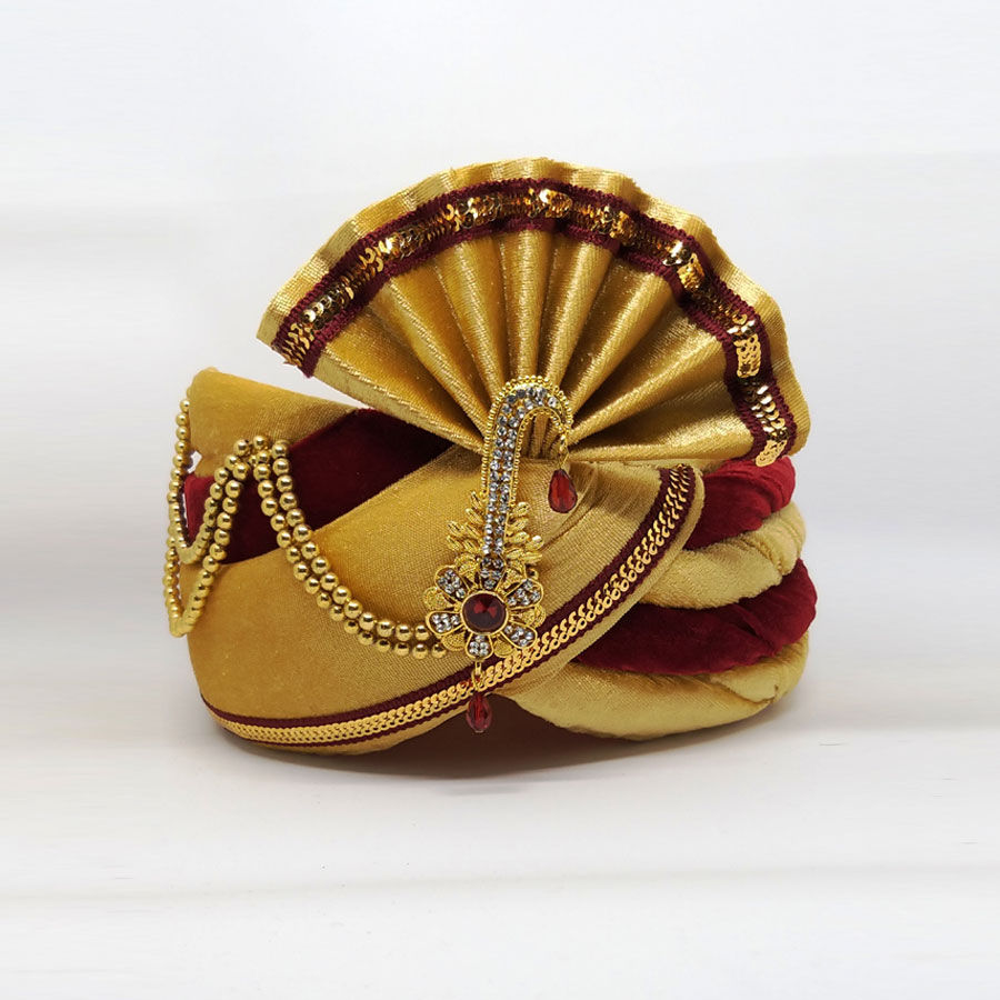 Gold, Red and Maroon color Velvet fabric Turban : 1625099
