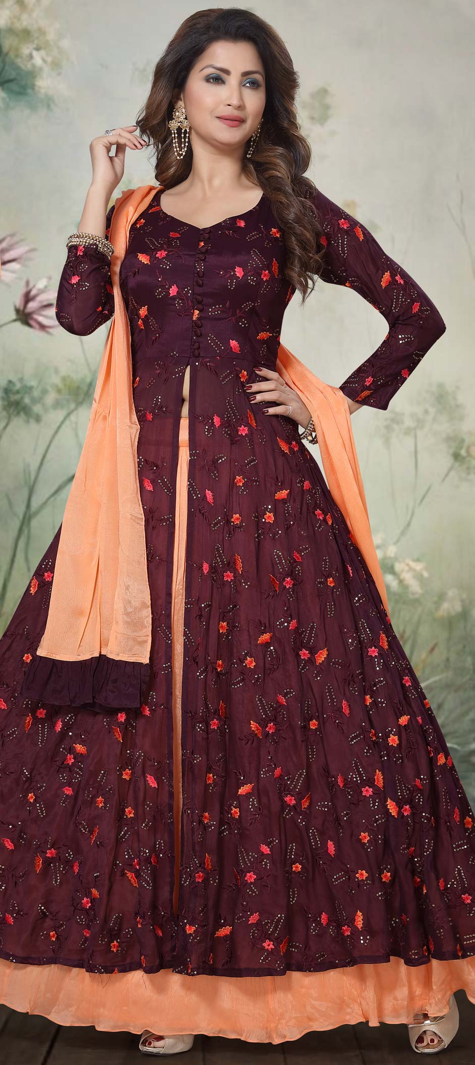 Festive, Wedding Red and Maroon color Chiffon fabric Long Lehenga Choli ...