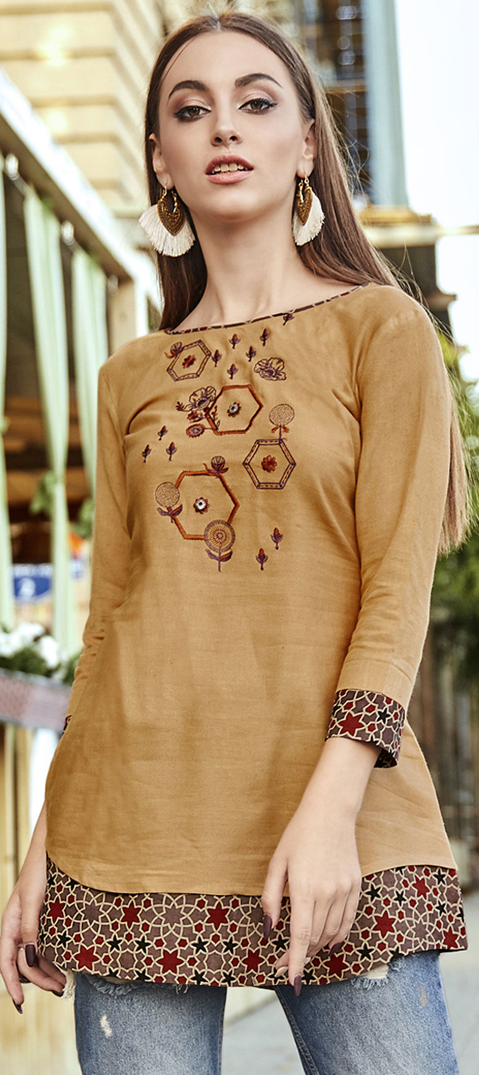 Casual Beige and Brown color Rayon fabric Tops and Shirts : 1628881