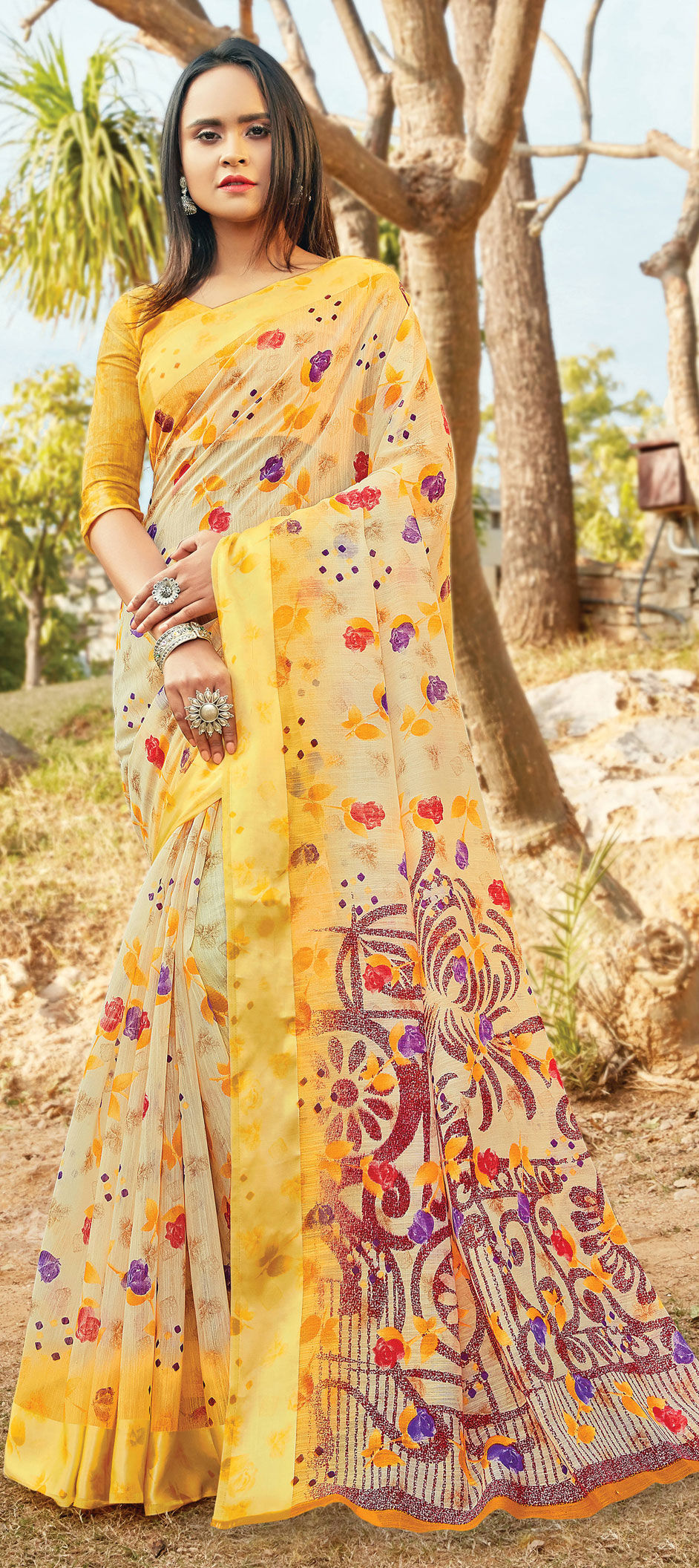 Traditional Yellow color Cotton fabric Saree : 1629095