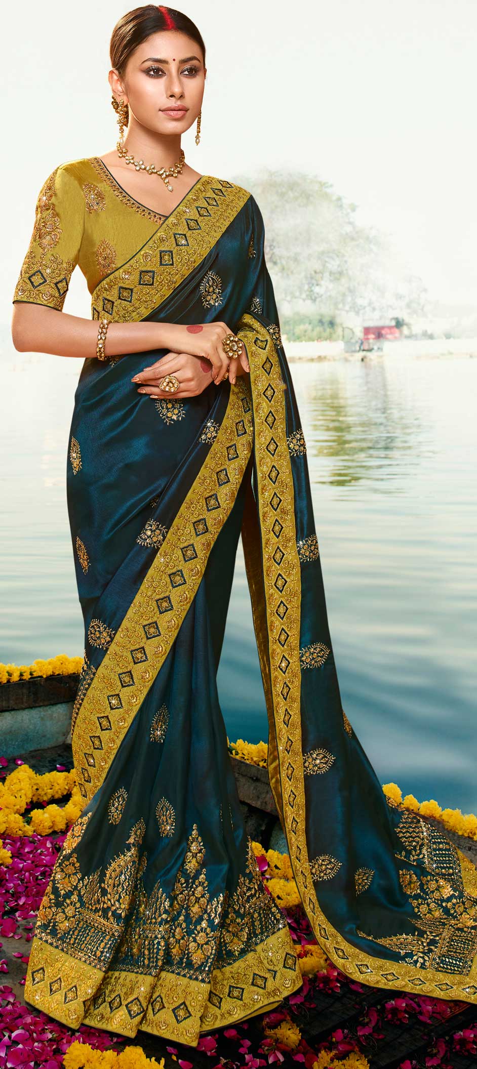 Bollywood Blue, Green color Art Silk fabric Saree : 1629530