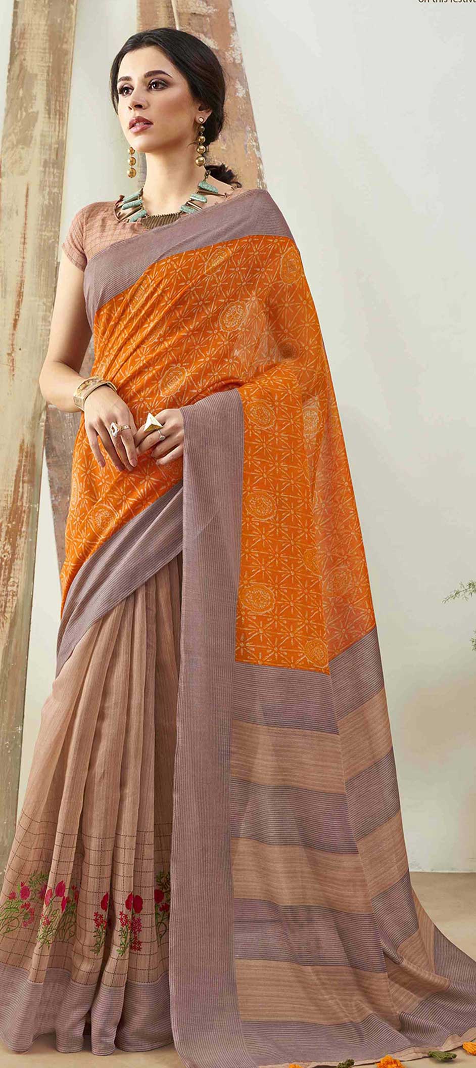 Casual, Traditional Orange color Cotton fabric Saree : 1629544
