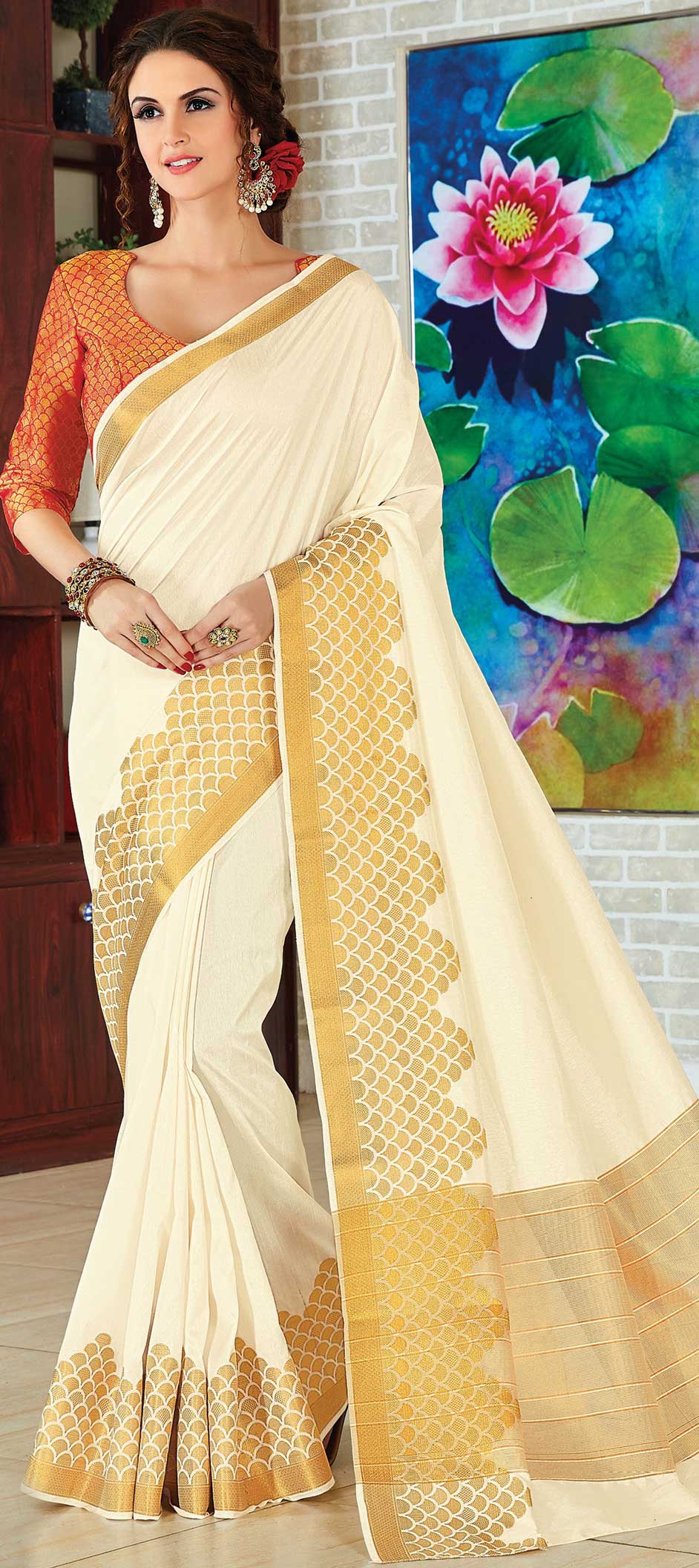 Traditional White and Off White color Raw Silk, Silk fabric Saree : 1630307