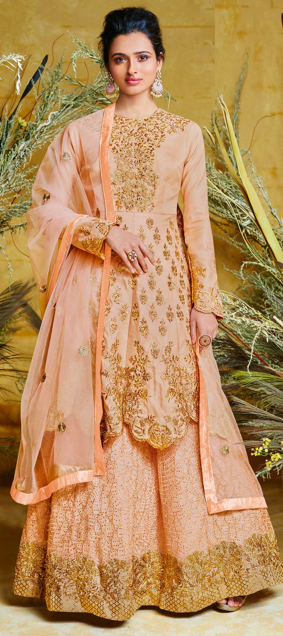 Engagement, Festive, Wedding Orange color Net fabric Long Lehenga Choli ...