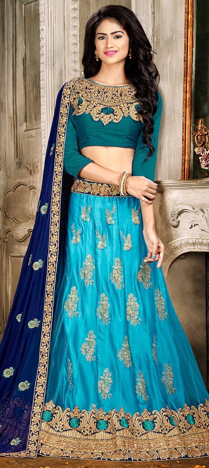 Bridal, Reception, Wedding Blue color Net fabric Lehenga : 1632464