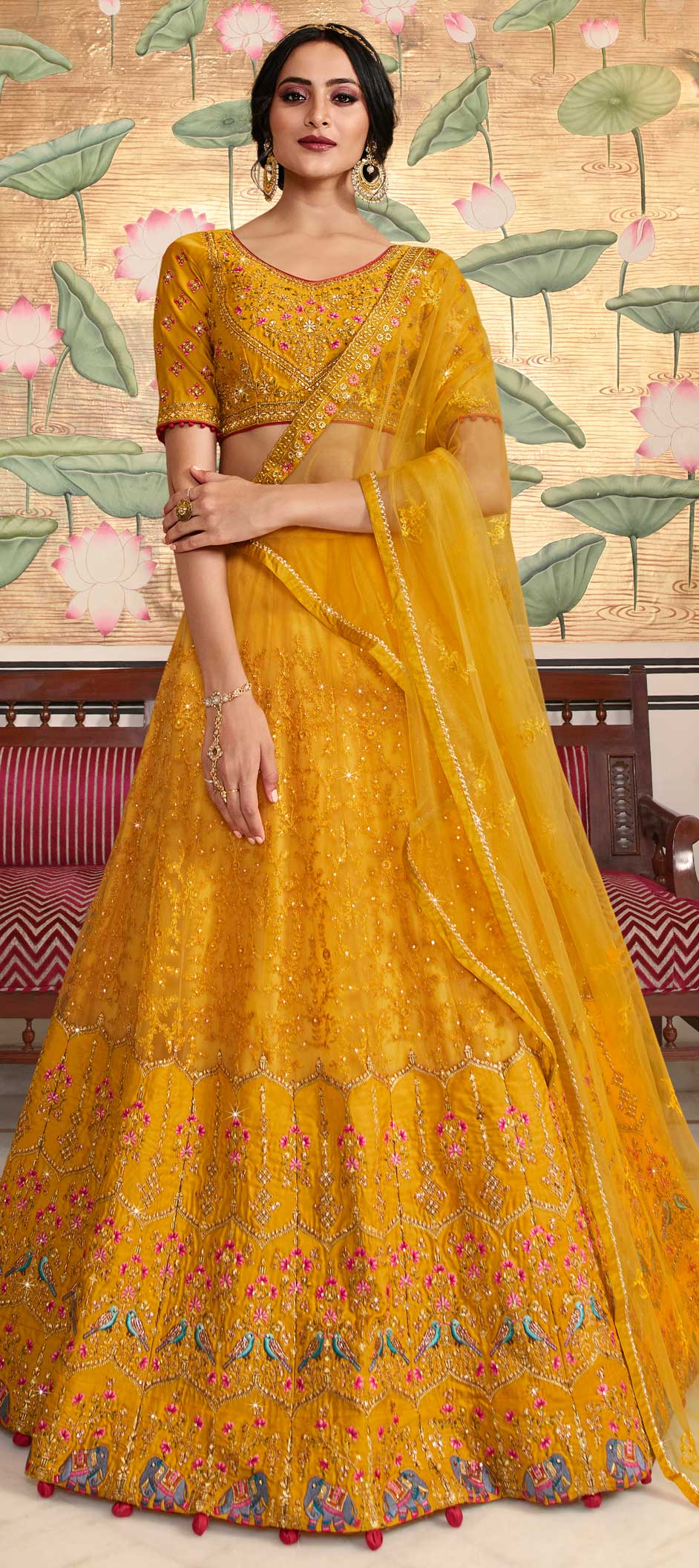 Festive, Mehendi Sangeet, Wedding Yellow color Art Silk, Net fabric ...