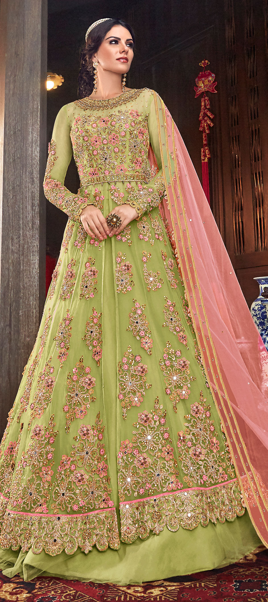 Engagement, Festive, Mehendi Sangeet Green color Net fabric Long ...