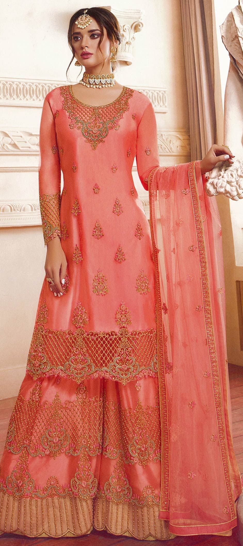 Bollywood Orange color Net fabric Salwar Kameez : 1633087